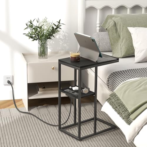 Yoobure C Shaped End Table with Charging Station, Small Side Tables for Living Room, Bedroom, Sofa Table with USB Ports and Outlets for Small Spaces C Couch Table Rustic Snack Table Bed Side Table