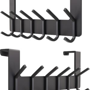 SAYONEYES Matte Black Over The Door Hooks - Heavy Duty Stainless Steel Door Hanger Holder with 6 Double Hooks for Hanging Coat Robe Hat Bag Towel Rack Bathroom, Bedroom – 2 Pack