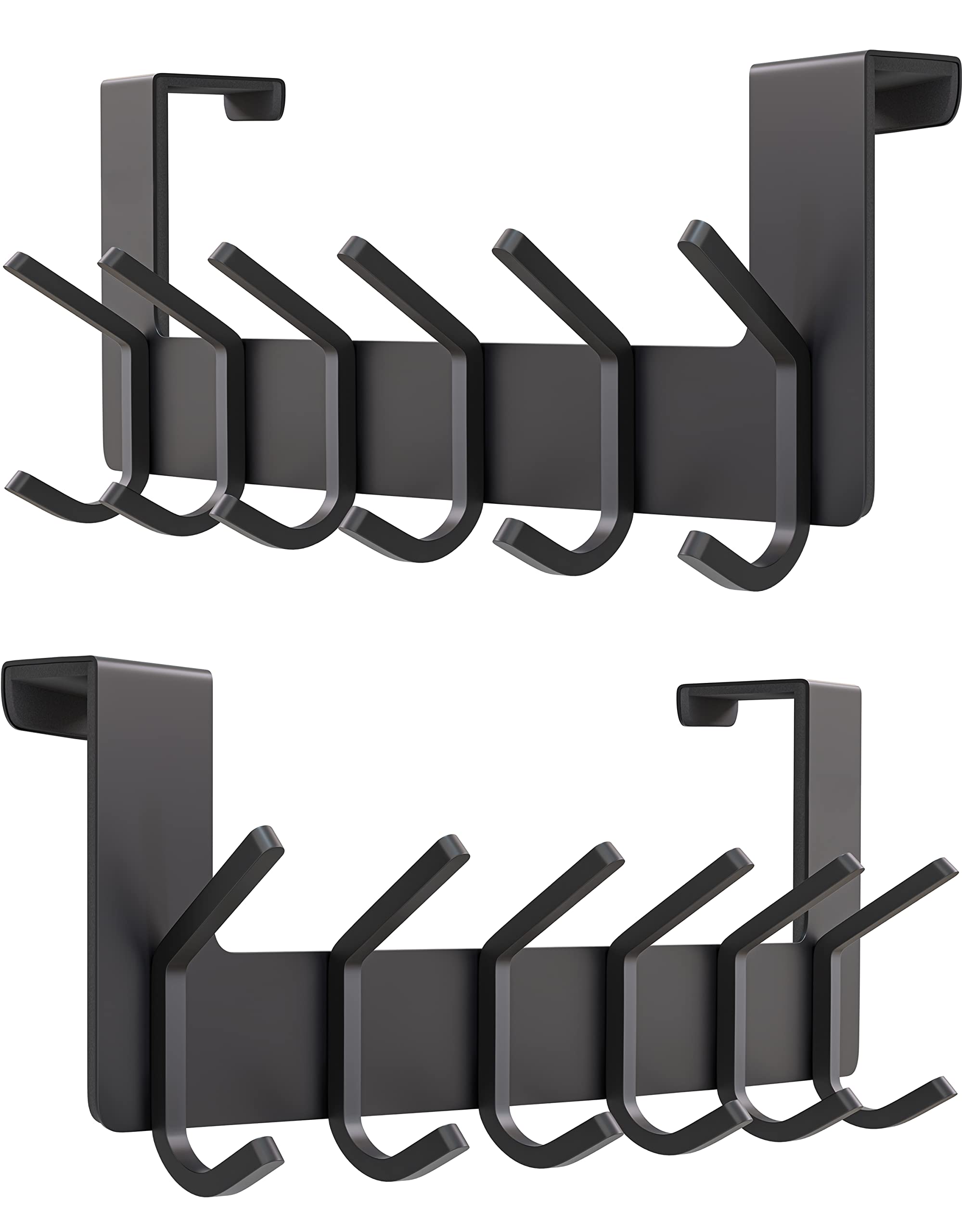 SAYONEYES Matte Black Over The Door Hooks - Heavy Duty Stainless Steel Door Hanger Holder with 6 Double Hooks for Hanging Coat Robe Hat Bag Towel Rack Bathroom, Bedroom – 2 Pack