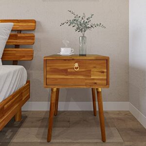 Bme Caden Solid Wood Nightstand/Side Table/End Table, Fully Assembled, with 1-Drawer for Mid Century Bedroom and Living Room, Caramel