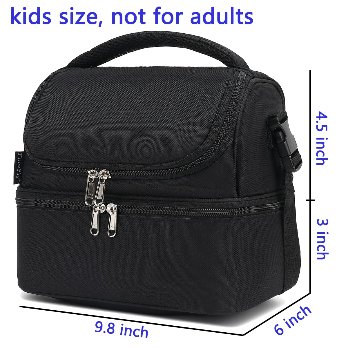 FlowFly Double Decker Cooler Insulated Lunch Bag Large Tote for Boys, Girls, Men, Women, With Adjustable Strap,Black