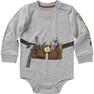 carhartt unisex baby long-sleeve tool belt bodysuit onesie, grey heather, 3 months