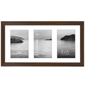 americanflat 8x14 collage picture frame in walnut - displays three 4x6 frame openings - engineered wood panoramic picture frame with shatter resistant glass, hanging hardware, and easel