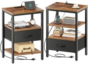 superjare nightstand set of 2, bed side tables with charging station, adjustable fabric drawer, night stand for bedroom, 3-tier storage end tables, for living room, rustic brown and black