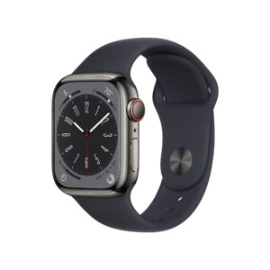 apple watch series 8 [gps + cellular 41mm] smart watch w/graphite stainless steel case w/midnight sport band-s/m. fitness tracker, blood oxygen & ecg apps, always-on retina display, water resistant