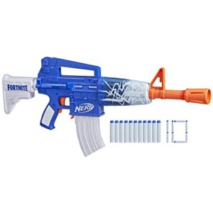 nerf fortnite blue shock blaster, 10 dart clip, 10 elite nerf darts, includes bonus code to unlock the beat wrap in the game, motorized dart blaster