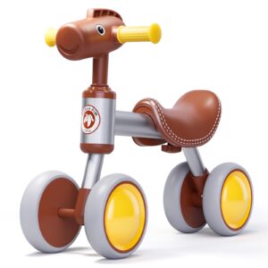 perkidern baby balance bike for 1-2 year old boy girl, balance bike for 12-24 months 4 wheels toddler balance bike, baby bike 1+ years toy first birthday gifts (brown)