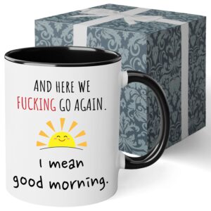 funny coffee mug for women here we go again i mean good morning mug - the fuckening cup funny mom coffee mug sarcastic coffee mug - mom coffee mug funny coffee mugs friend mug black accent mug 11oz