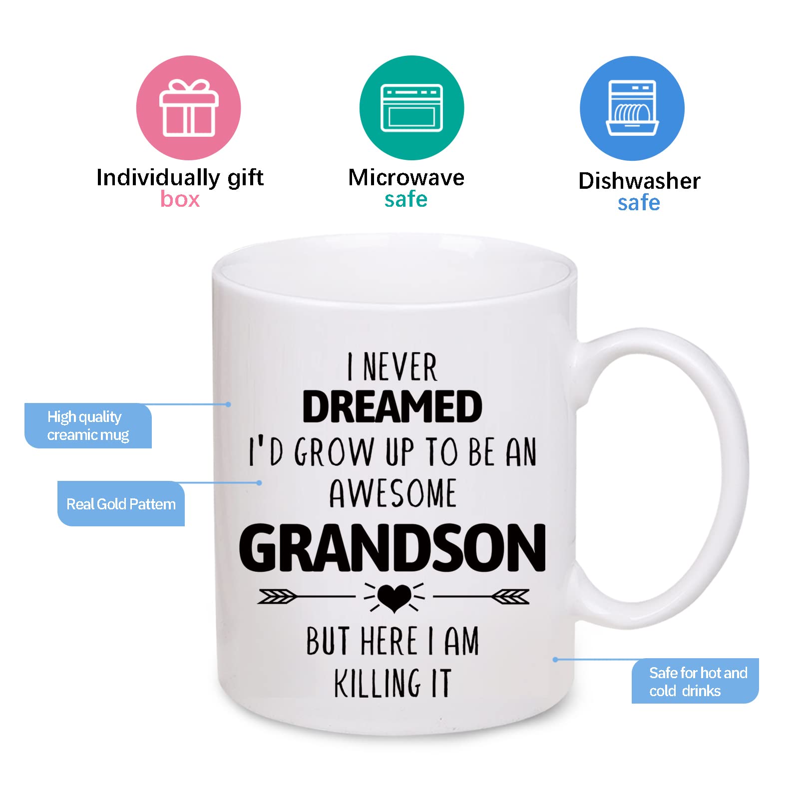 Grandson Gift, Grandson Mug 11OZ, I Never Dreamed I'd Grow Up To Be AN ... Cool But Here I Am Killing It! Funny Mugs Gift from Grandma Grandpa, Coffee Gift for family Christmas Thanksgiving Halloween