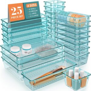 wowbox 25 pcs plastic drawer organizer set, 4 sizes desk drawer divider organizers and storage bins for makeup, jewelry, gadgets for kitchen, bedroom, bathroom, office, sea blue