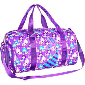 dance ballet bags for girls, kids duffle gym bag travel with shoe compartments sports ballet bag teens weekender sleepover carry on bag purple mermaid