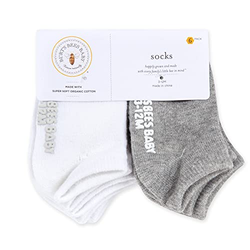 Burt's Bees Baby Baby Socks Ankle or Crew Height Made with Soft Organic Cotton - 6 Packs With Non-Slip Grips for Babies and Newborn Babies Heather Grey/White 2-3T