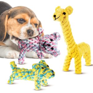 sungrow cotton rope knot puppy & ferret toys, tough teething chewable teddy bear, giraffe, and dog, handwoven for small breeds dog, for teeth and gums, multicolor, 3 pieces per pack