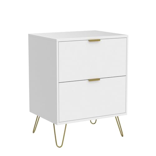 Anbuy White Nightstand Set of 2, End Side Table Double, Bedside Table with 2 Drawers, Dual Night Stand Metal Legs for Bedroom Living Room