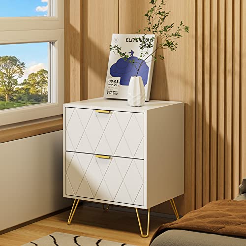 Anbuy White Nightstand Set of 2, End Side Table Double, Bedside Table with 2 Drawers, Dual Night Stand Metal Legs for Bedroom Living Room