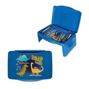 baby boom funhouse dinosaurs kids lap desk with storage - folding lid & collapsible design - portable for travel or use in bed at home - great for writing, reading, blue, 1 count