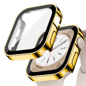 for apple watch case 41mm,hard case with tempered glass screen protector,watch cover for apple watch series 9 8 7 screen protector,ultra-thin durable waterproof case,gold