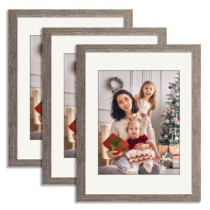 yk artwood 11x14 picture frame set of 3 gray, made of solid wood 8x10 with mat or 11x14 without mat, wall mounting photo frames with plexiglass for wall or tabletop display