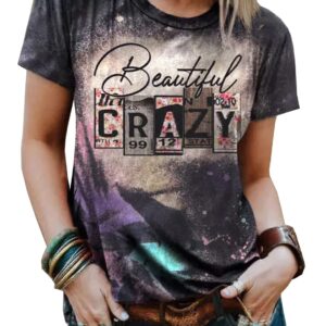 Beautiful Crazy Leopard Bleached T-Shirt Women Western Country Music Shirt Vintage Graphic Country Concert Tee Tops (Gray XL)