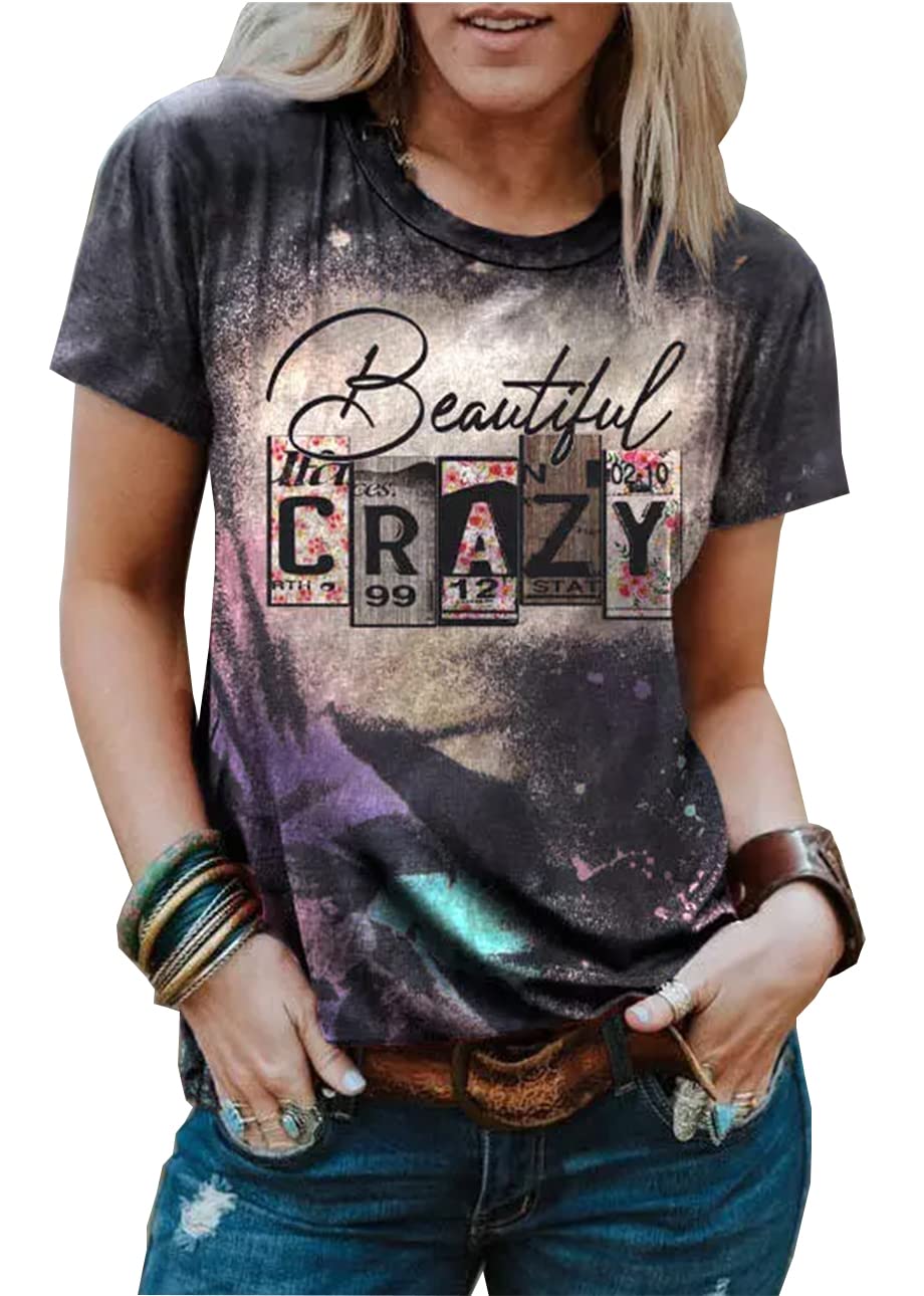 Beautiful Crazy Leopard Bleached T-Shirt Women Western Country Music Shirt Vintage Graphic Country Concert Tee Tops (Gray XL)