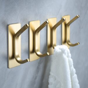 YIGII Towel Hooks/Adhesive Hooks - Brushed Gold Wall Hooks for Hanging Coat, Hat, Towel Robe Hook, Bathroom and Bedroom 4-Packs, Stainless Steel