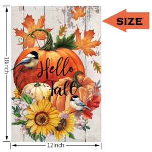 Hello Fall Garden Flags 12x18 Double Sided,Thanksgiving Pumpkin Garden Flag,Sunflower Small Yard Flags for Outside,Autumn Outdoor Decorations for Home