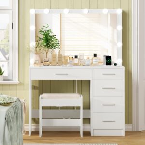 usikey makeup vanity with 12 lights, vanity desk with power outlet, makeup vanity table with 5 drawers, large mirror, dressing vanity table with stool for bedroom, bathroom, white