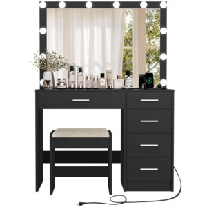 usikey makeup vanity with 12 lights, vanity desk with power outlet, makeup vanity table with 5 drawers, large mirror, dressing vanity table with stool for bedroom, bathroom, black