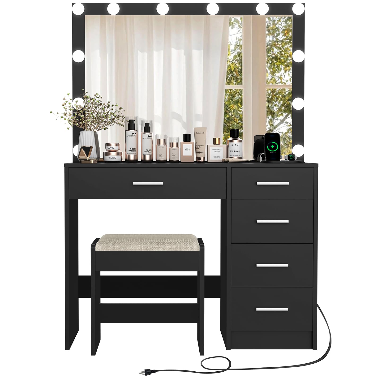 usikey Makeup Vanity with 12 Lights, Vanity Desk with Power Outlet, Makeup Vanity Table with 5 Drawers, Large Mirror, Dressing Vanity Table with Stool for Bedroom, Bathroom, Black