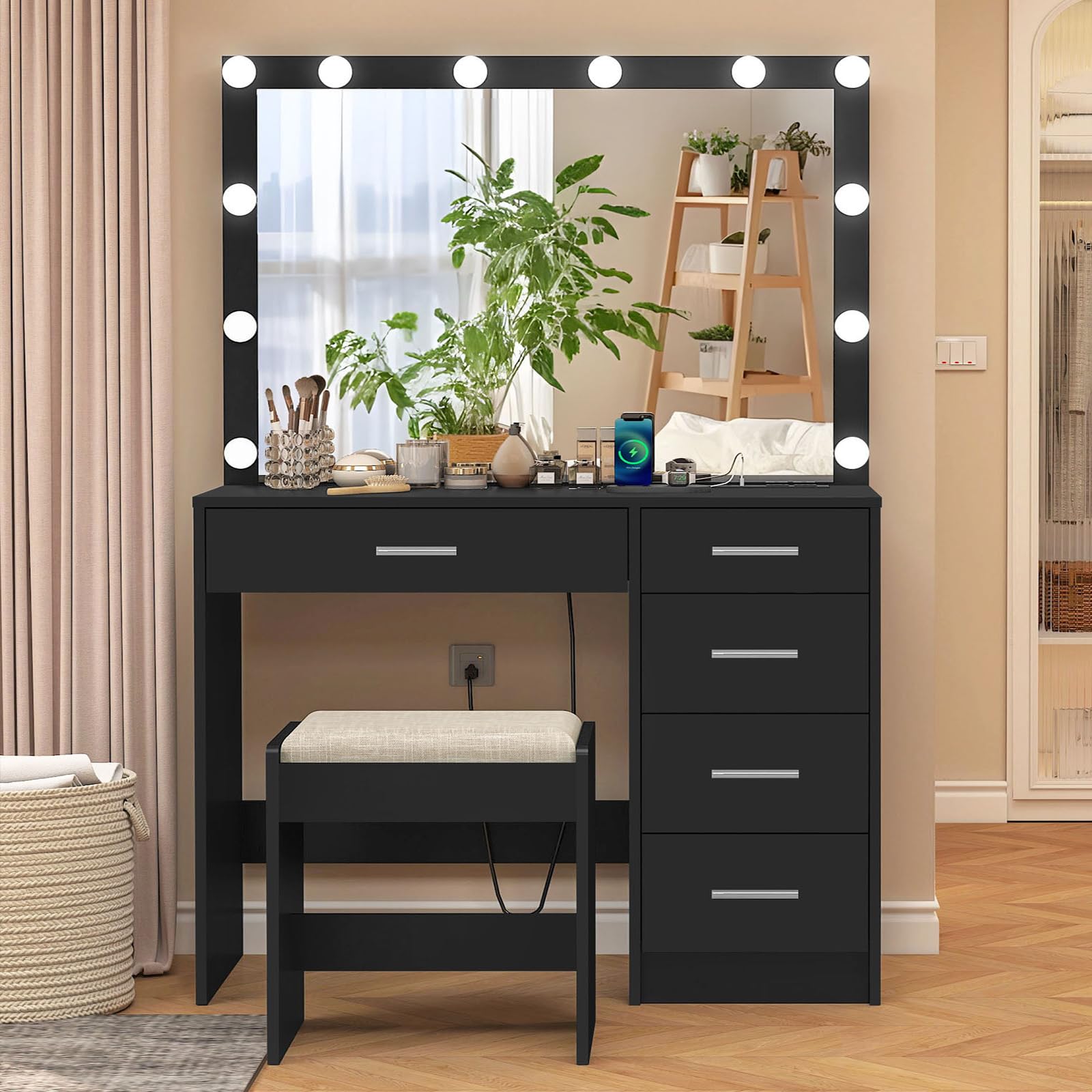 usikey Makeup Vanity with 12 Lights, Vanity Desk with Power Outlet, Makeup Vanity Table with 5 Drawers, Large Mirror, Dressing Vanity Table with Stool for Bedroom, Bathroom, Black