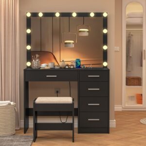 usikey Makeup Vanity with 12 Lights, Vanity Desk with Power Outlet, Makeup Vanity Table with 5 Drawers, Large Mirror, Dressing Vanity Table with Stool for Bedroom, Bathroom, Black