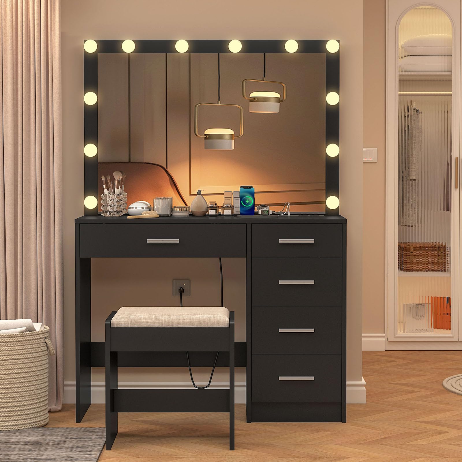 usikey Makeup Vanity with 12 Lights, Vanity Desk with Power Outlet, Makeup Vanity Table with 5 Drawers, Large Mirror, Dressing Vanity Table with Stool for Bedroom, Bathroom, Black