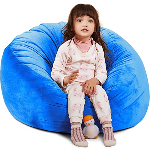 Bean Bag Chair Cover, Stuffed Animal Storage, Plush Toys Organizer Holder, Beanbag Chairs Cover for Kids Teans and Adults Super Soft and Comfortable Fabric X-Large with Handle and Zipper -Round Blue