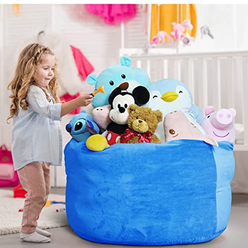 Bean Bag Chair Cover, Stuffed Animal Storage, Plush Toys Organizer Holder, Beanbag Chairs Cover for Kids Teans and Adults Super Soft and Comfortable Fabric X-Large with Handle and Zipper -Round Blue