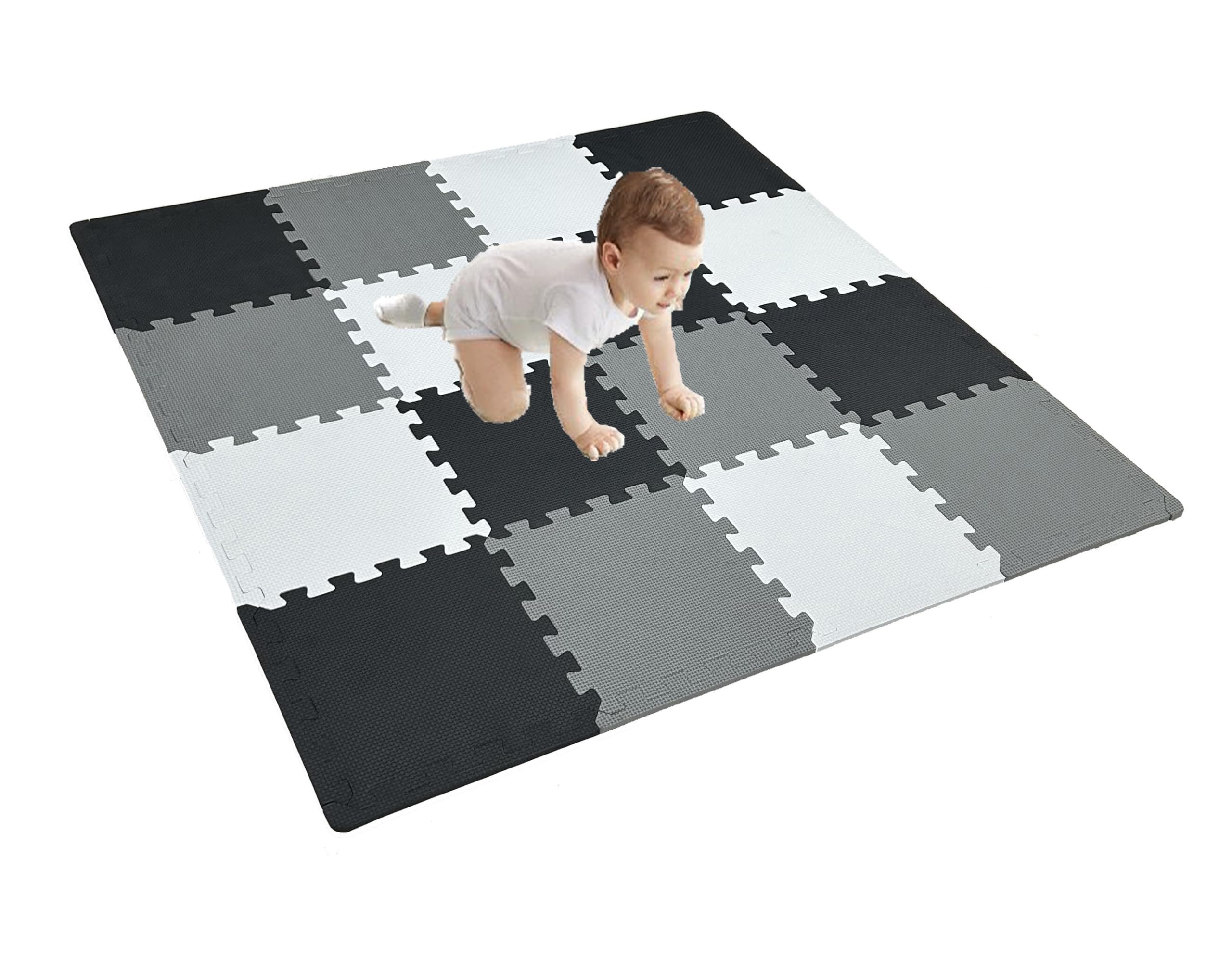 16 Pieces Foam Play Mat with Border, Interlocking Playmat Tiles, Foam Floor Mat Tiles for Kids, Puzzle Play Mat, Exercise Gym Mats – Color of Black & Grey & White