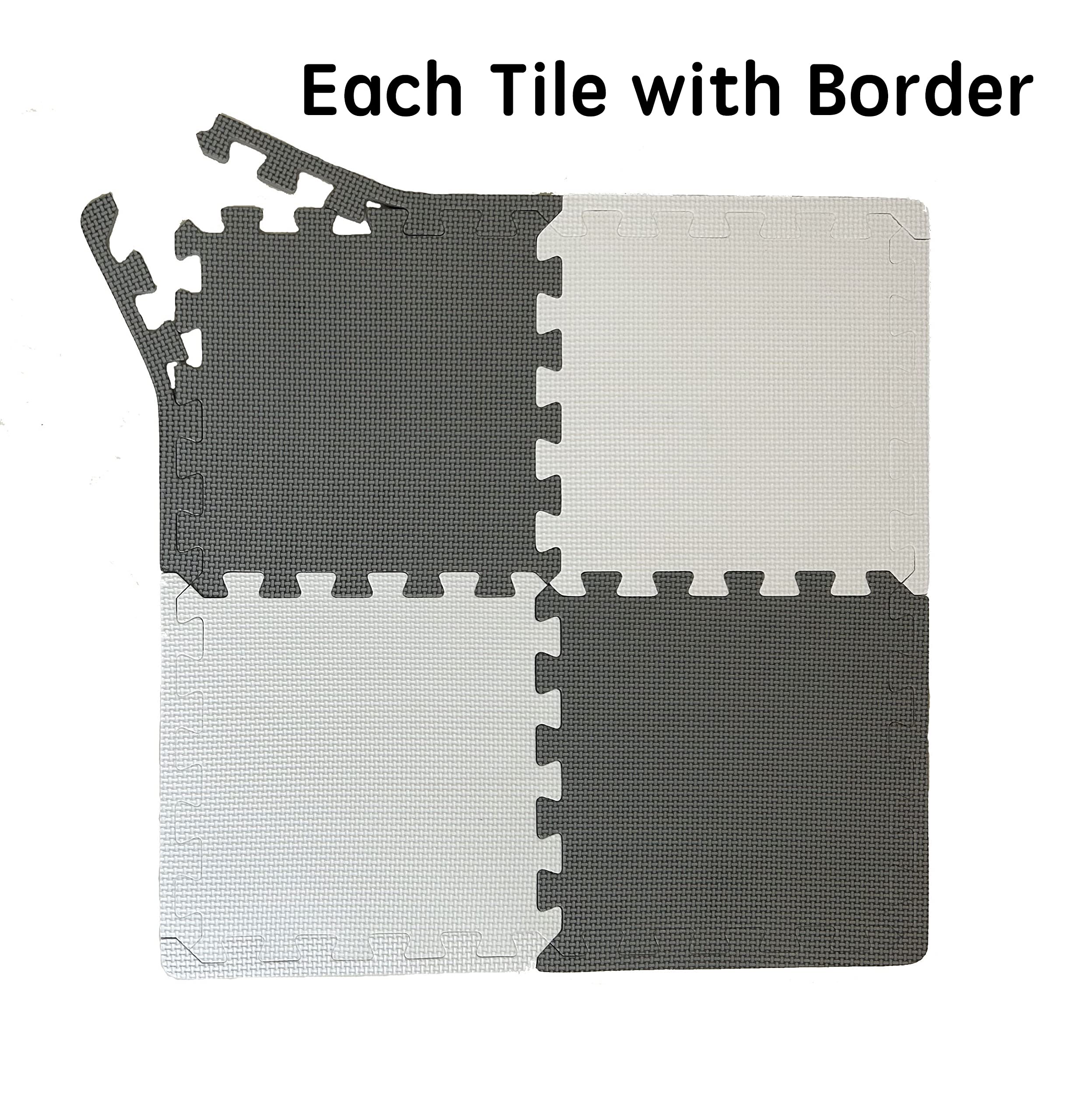 16 Pieces Foam Play Mat with Border, Interlocking Playmat Tiles, Foam Floor Mat Tiles for Kids, Puzzle Play Mat, Exercise Gym Mats – Color of Black & Grey & White