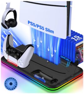 ps5 stand, ps5 slim stand with cooling station and controller charging station for ps5 slim console disc/digital, ps5 accessories-cooling fan, rgb led, headset holder, 15 game slot for playstation 5