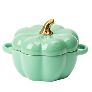 dutch oven pot with lid, pumpkin pottery dessert saucepan, mini baking dish cute pumpkin bowl, covered dutch oven ceramic stockpot, pumpkin-shaped casserole (green)