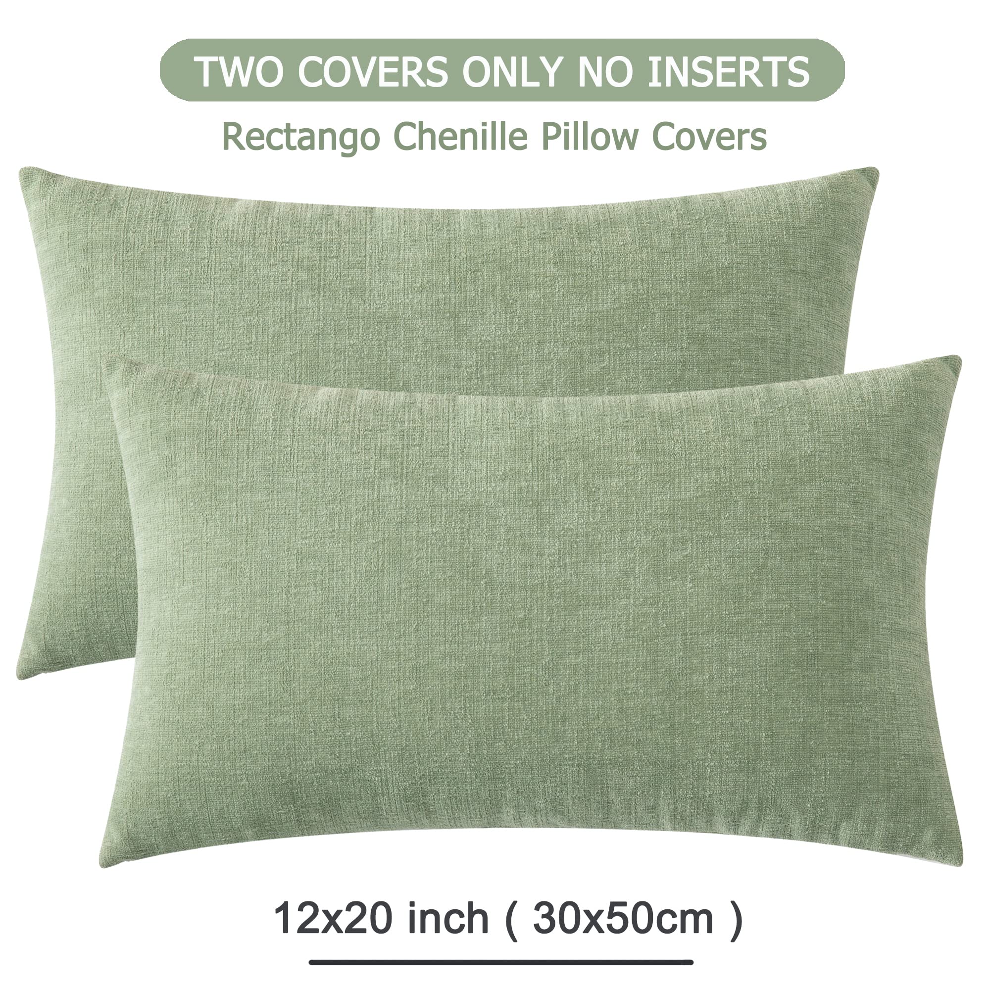 Lumbar Support Pillow Decorative Rectangle Throw Pillow Covers 12"x20" Inch Set of 2,Super soft Chenille Fall Pillowcase for Living Room Bedroom Sofa Couch Cushion Cover Green 30x50cm (No Insert)