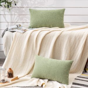 Lumbar Support Pillow Decorative Rectangle Throw Pillow Covers 12"x20" Inch Set of 2,Super soft Chenille Fall Pillowcase for Living Room Bedroom Sofa Couch Cushion Cover Green 30x50cm (No Insert)