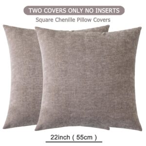 GAWAMAY Decorative Square Throw Pillow Covers Set of 2, Super Soft Chenille Farmhouse Fall Pillowcase for Living Room Bedroom Sofa Couch Home Decoration Cushion Cover Taupe Grey 55x55cm/22x22