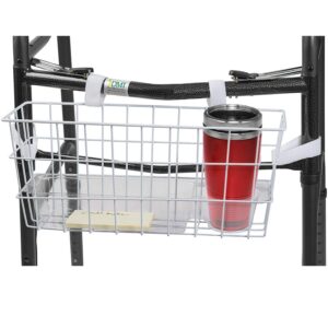 healthsmart walker storage basket with cup holder and insert tray, no tools needed, white, 16 x 5.5 x 7, walker accessories