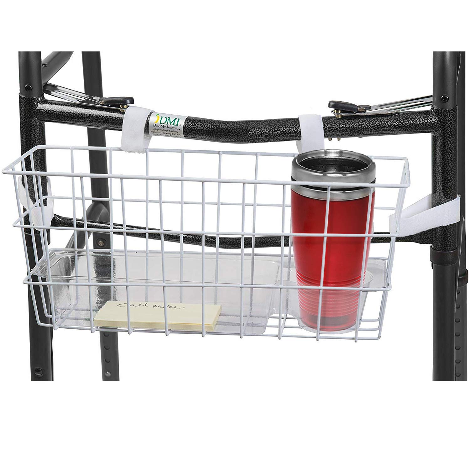 HealthSmart Walker Storage Basket with Cup Holder and Insert Tray, No Tools Needed, White, 16 x 5.5 x 7, Walker Accessories