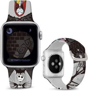 sjiangqiao compatible with apple watch bands halloween sally/jack skellington 38mm 40mm 41mm cartoon band replacement strap soft silicone chic cartoon design pattern sports bands for iwatch series se 9 8 7 6 5 4 3 2 1 men women (black-halloween jack&sally