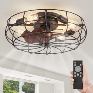 lediary 20" caged ceiling fans with lights and remote, flush mount bladeless ceiling fan low profile, small farmhouse industrial enclosed ceiling fan with light for bedroom, kitchen, indoor