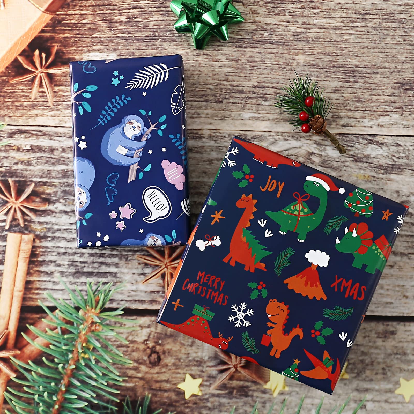 BULKYTREE Christmas Wrapping Paper for Kids Boys Girls Men Women Holiday Party - 3 Large Sheets Gift Wrap 3 Designs Sloth, Dinosaur, Polar Bear Gift - 27 Inch X 39.4 Inch Per Sheet