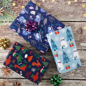 BULKYTREE Christmas Wrapping Paper for Kids Boys Girls Men Women Holiday Party - 3 Large Sheets Gift Wrap 3 Designs Sloth, Dinosaur, Polar Bear Gift - 27 Inch X 39.4 Inch Per Sheet