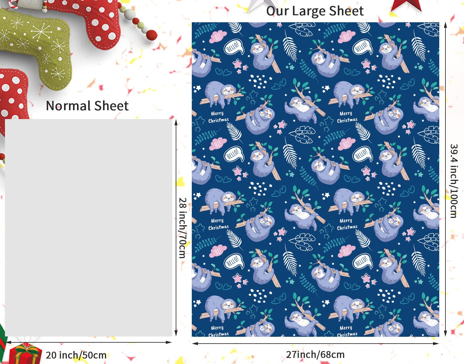 BULKYTREE Christmas Wrapping Paper for Kids Boys Girls Men Women Holiday Party - 3 Large Sheets Gift Wrap 3 Designs Sloth, Dinosaur, Polar Bear Gift - 27 Inch X 39.4 Inch Per Sheet