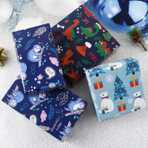 BULKYTREE Christmas Wrapping Paper for Kids Boys Girls Men Women Holiday Party - 3 Large Sheets Gift Wrap 3 Designs Sloth, Dinosaur, Polar Bear Gift - 27 Inch X 39.4 Inch Per Sheet