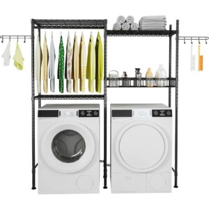 ulif over washer and dryer shelves, laundry room storage rack, laundry space saver with wire basket and 2 hooks, 57.8" l x 13.4" d x 76.7" h, black